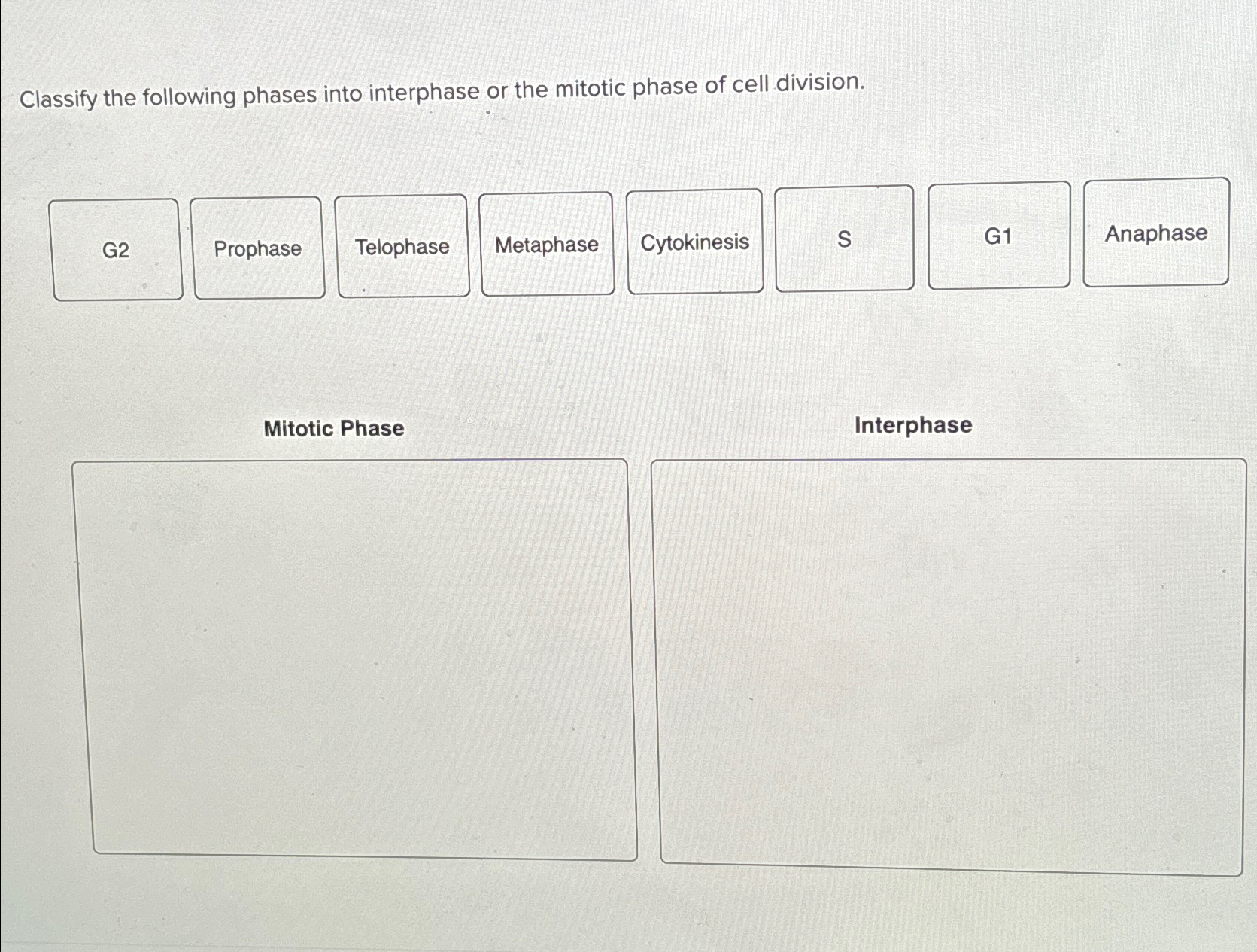 Solved Classify the following phases into interphase or the | Chegg.com