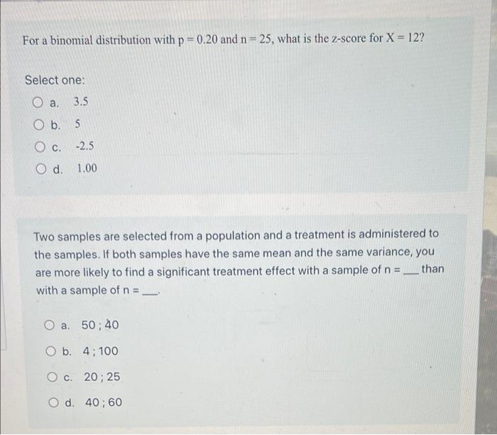 Solved For a binomial distribution with p = 0.20 and n=25, | Chegg.com
