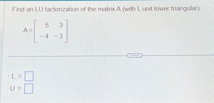 Solved Find an LU factorization of the matrix A (with L unit | Chegg.com