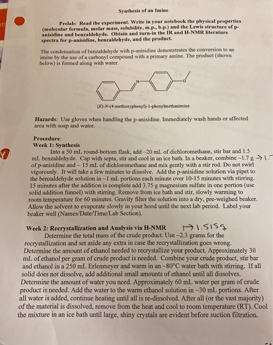 Solved Synthesis of an Imine Prelab: Read the experiment. | Chegg.com