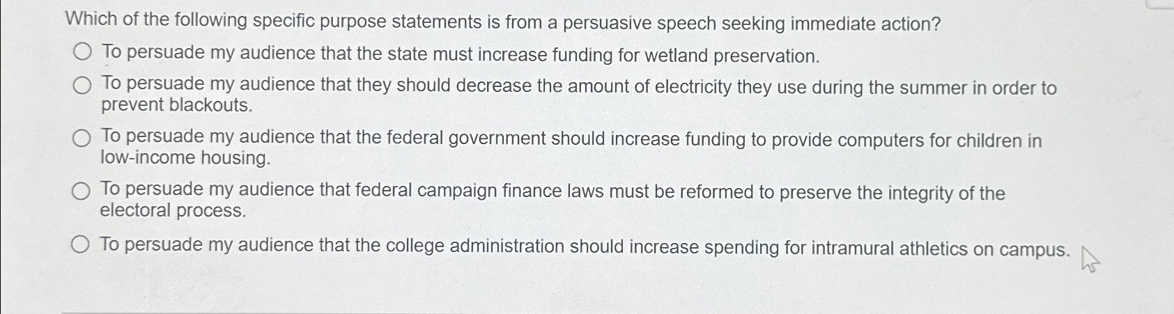Solved Which of the following specific purpose statements is | Chegg.com