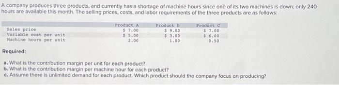 Solved A company produces three products, and currently has | Chegg.com