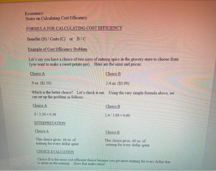 Economics Notes on Calculating Cost Efficiency | Chegg.com