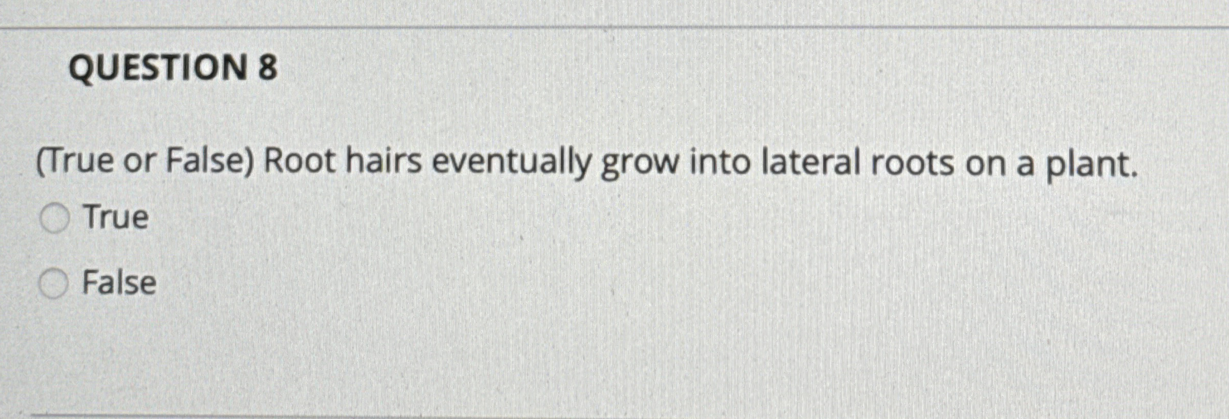 Solved QUESTION 8(True or False) ﻿Root hairs eventually grow | Chegg.com