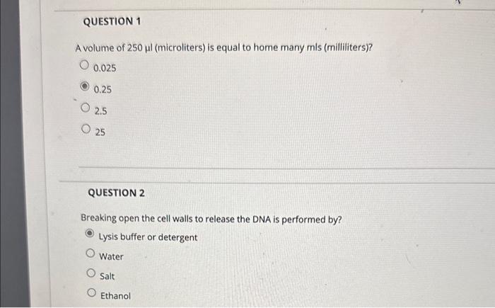 Solved A volume of 250μl (microliters) is equal to home many | Chegg.com