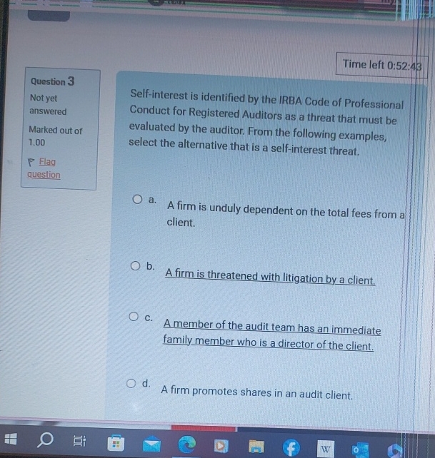 Solved Time left 0:52:43Question 3Not yet answeredMarked out | Chegg.com