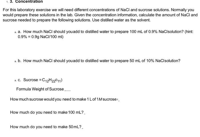 Solved 1. 3. Concentration For this laboratory exercise we | Chegg.com