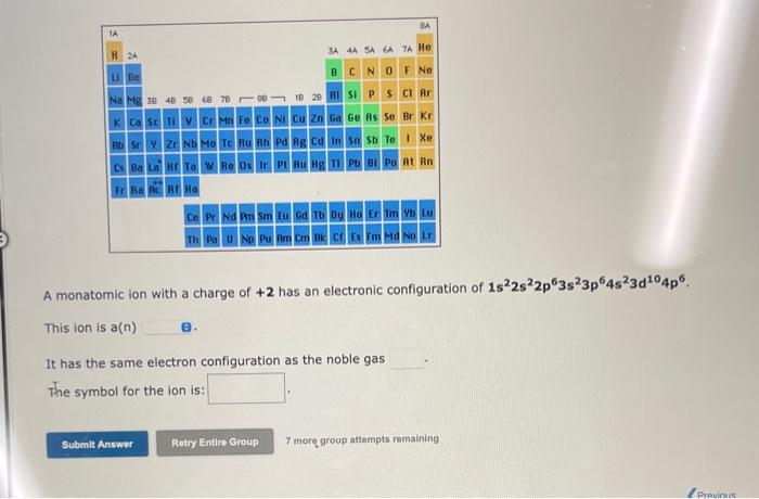 Solved A monatomic ion with a charge of +2 has an electronic | Chegg.com