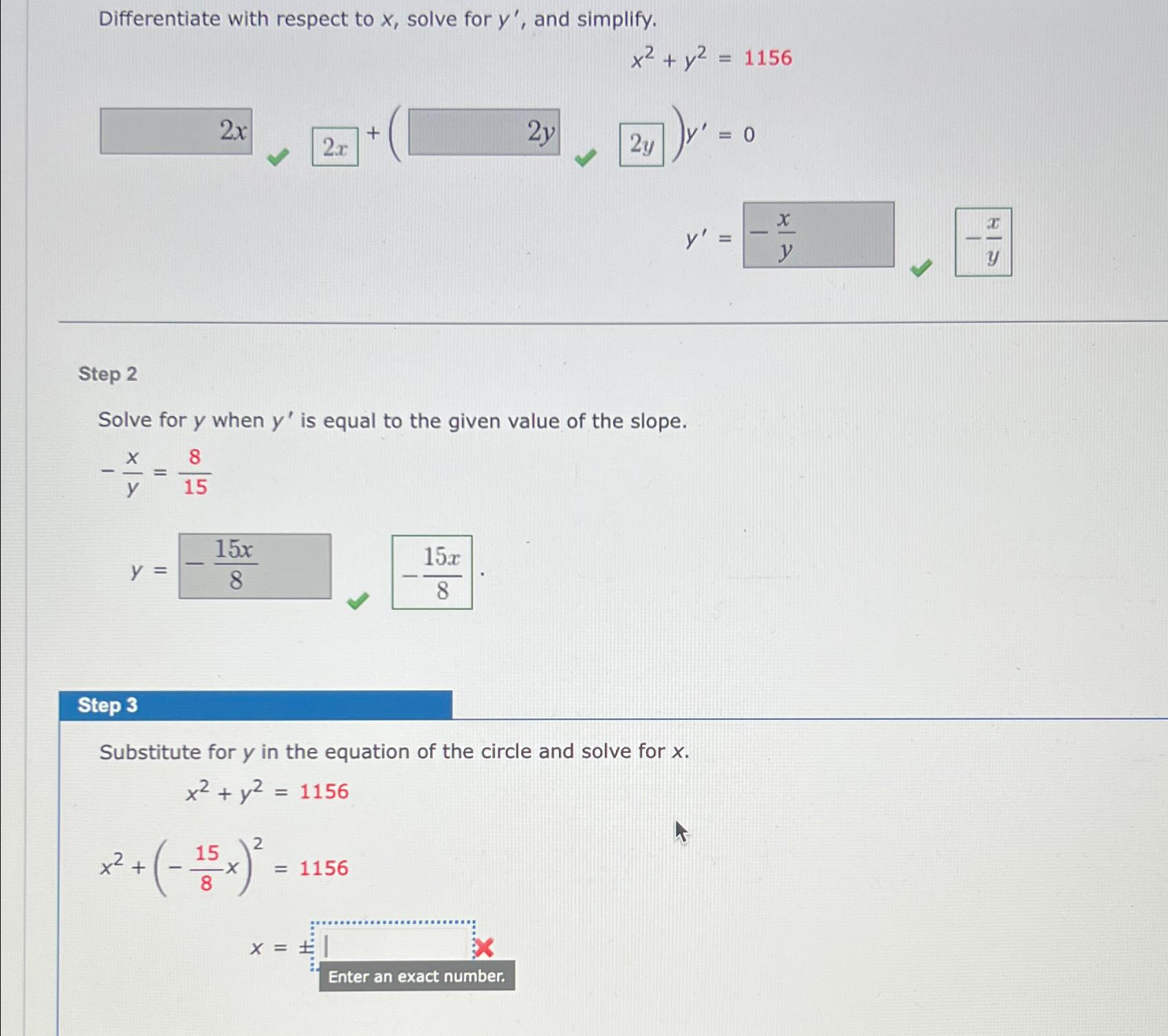Solved Differentiate with respect to x, ﻿solve for y', ﻿and | Chegg.com