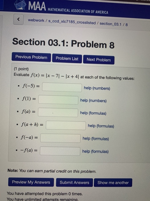 Solved MAA MATHEMATICAL ASSOCIATION OF AMERICA webwork / | Chegg.com