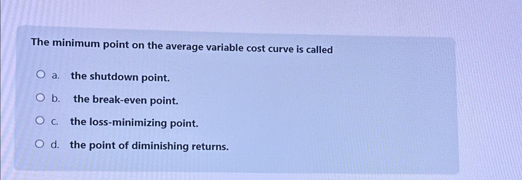 Solved The minimum point on the average variable cost curve | Chegg.com