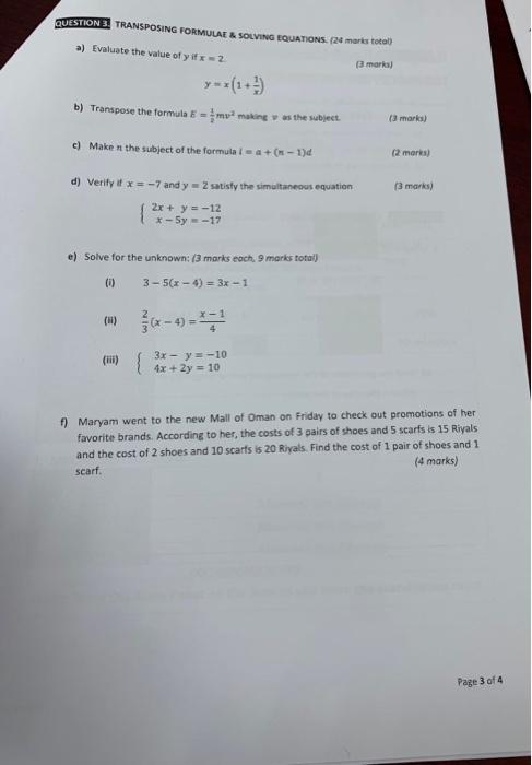 Solved QUESTION 3 TRANSPOSING FORMULAE & SOLVING EQUATIONS. | Chegg.com
