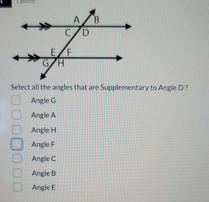 Solved point A А. B C D EF GH Select all the angles that are | Chegg.com