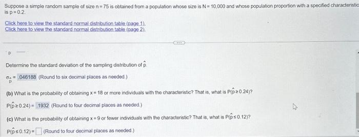 Solved Suppose a simple random sample of size n = 75 is | Chegg.com