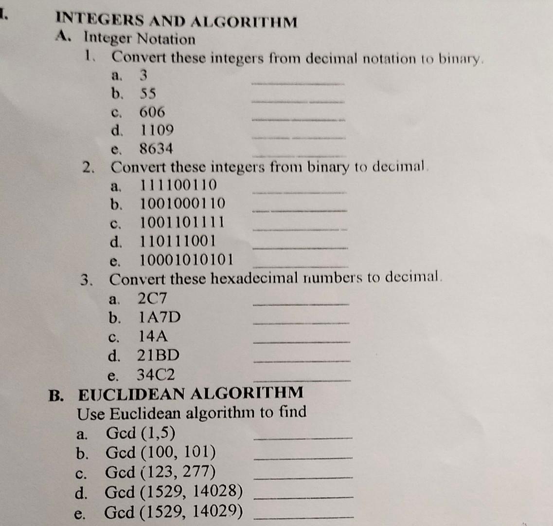 Solved 1. a. INTEGERS AND ALGORITHM A. Integer Notation 1. | Chegg.com