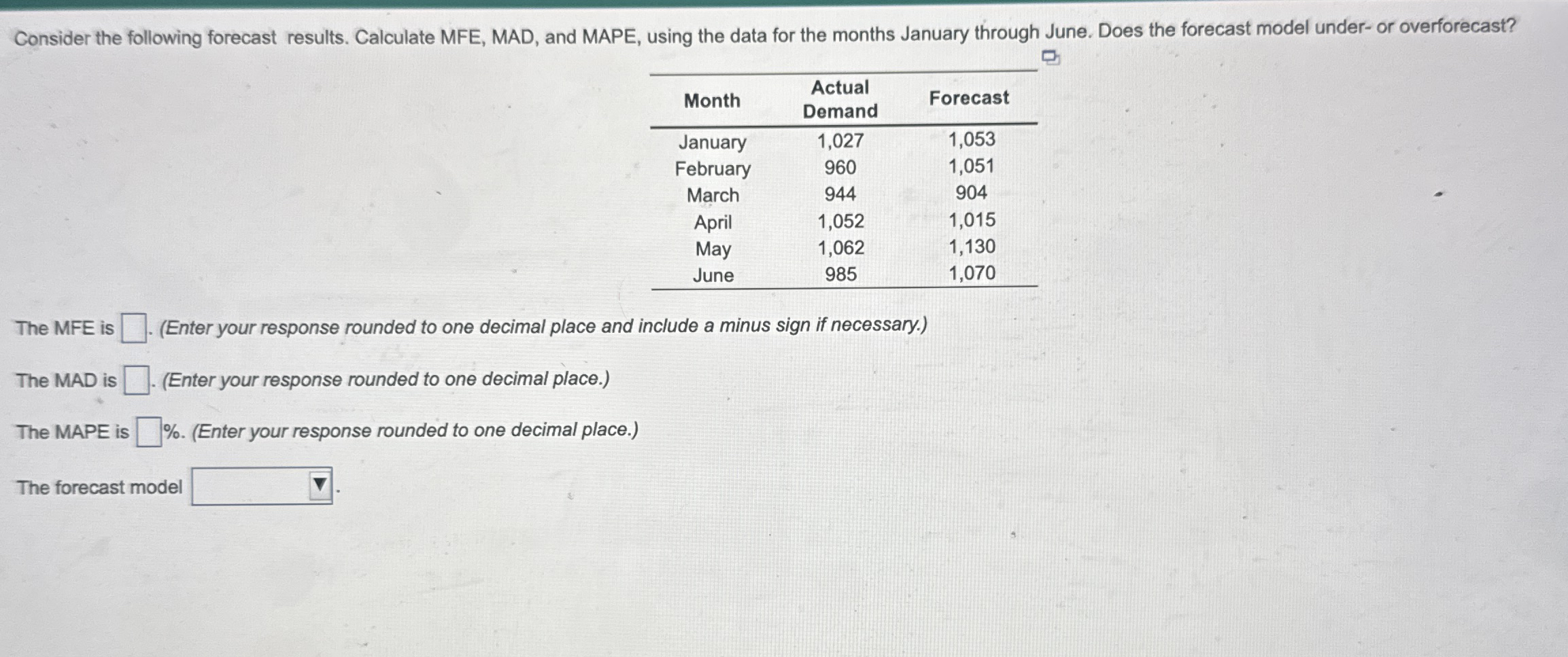 Solved Consider the following forecast results. Calculate | Chegg.com