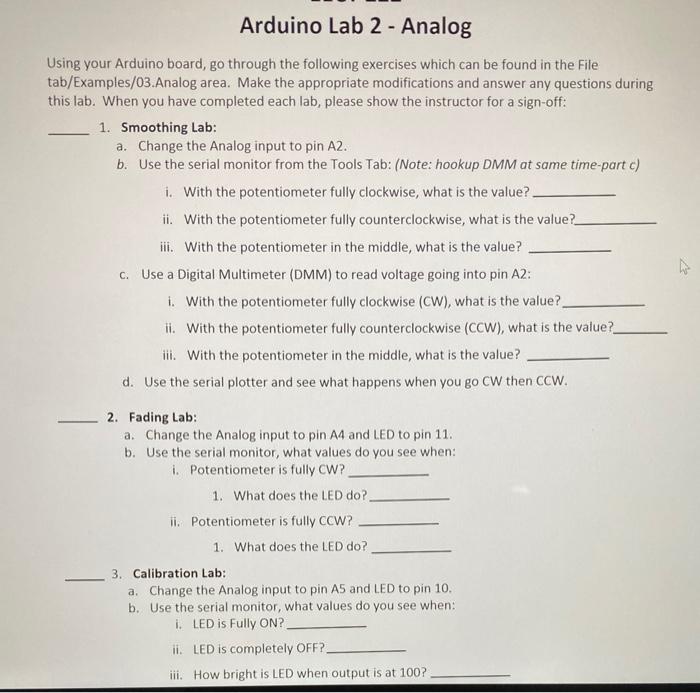 Arduino Lab 2 - Analog Using your Arduino board, go | Chegg.com