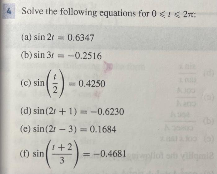Solved 4 Solve the following equations for 0⩽t⩽2π : (a) | Chegg.com