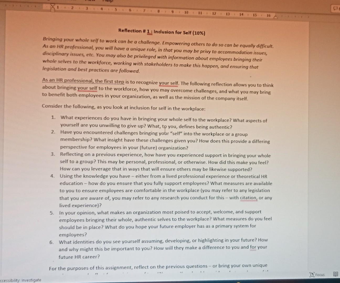 Reflection \# 1: Inclusion for Self (10\%) Bringing | Chegg.com