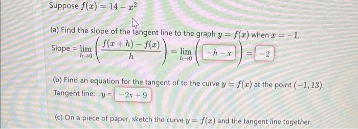 Solved Suppose f(x)=14−x2 (a) Find the slope of the tangent | Chegg.com