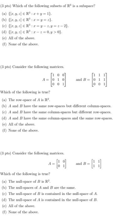 Solved (3 pts) Which of the following subsets of R3 is a | Chegg.com