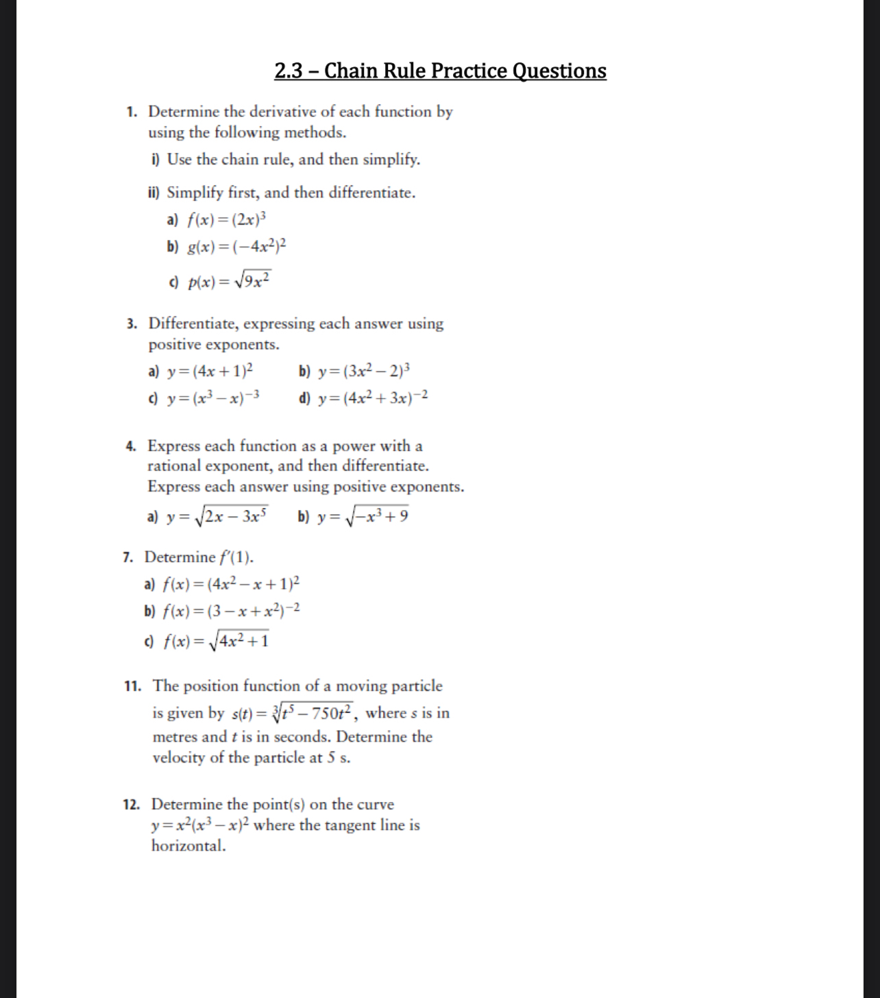 Solved 2.3 - ﻿Chain Rule Practice QuestionsDetermine the | Chegg.com