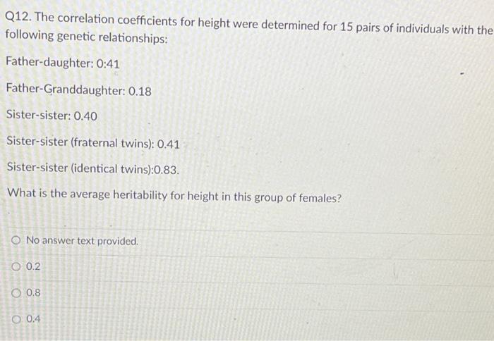 Solved Q12. The correlation coefficients for height were | Chegg.com