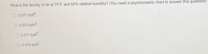 What is the density of air at 75∘F, and 60% relative | Chegg.com