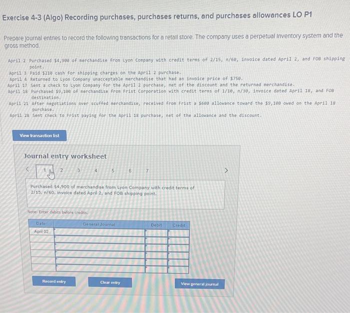 Solved Exercise 4-3 (Algo) Recording purchases, purchases | Chegg.com