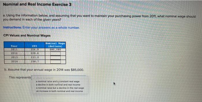 Solved Nominal and Real Income Exercise 3 a. Using the | Chegg.com
