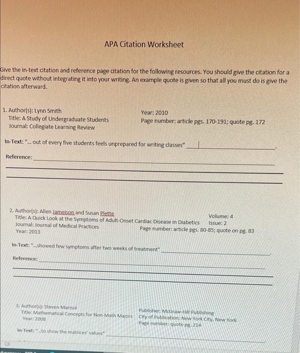 Solved APA Citation Worksheet Give the in-text citation and | Chegg.com