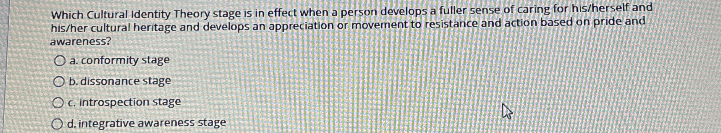 Solved Which Cultural Identity Theory stage is in effect | Chegg.com