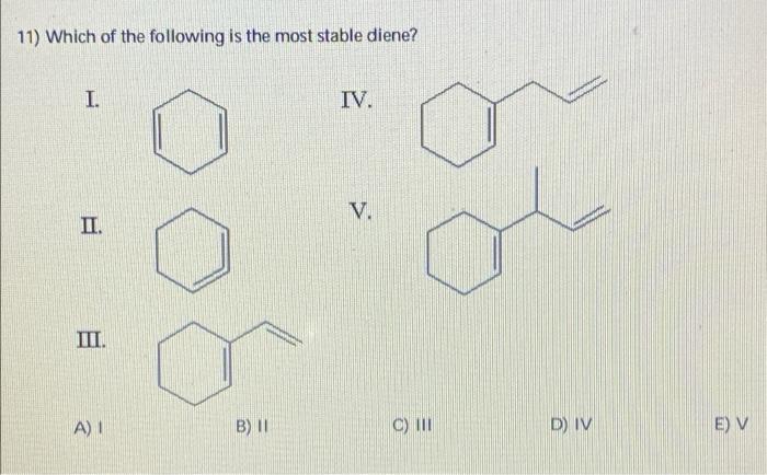 Solved 11) Which of the following is the most stable diene? | Chegg.com