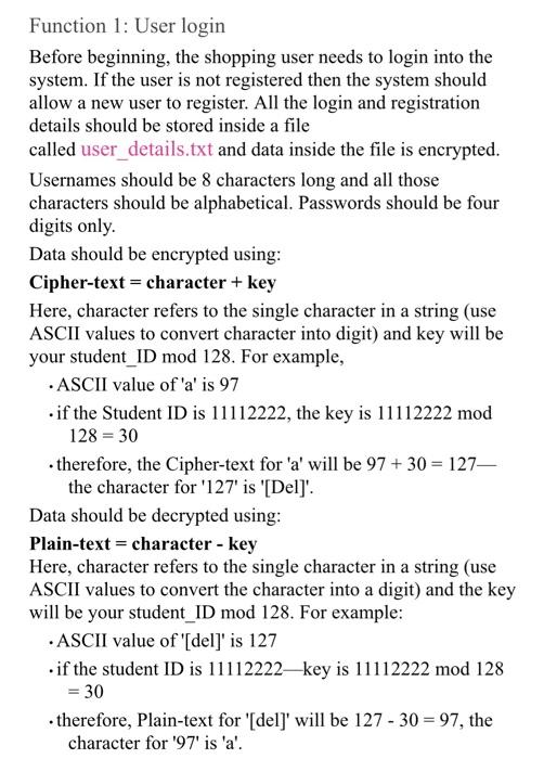 Solved Function 1: User login Before beginning, the shopping | Chegg.com
