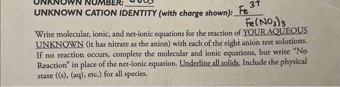 Solved UNKNOWN CATION IDENTITY (with charge shown): | Chegg.com