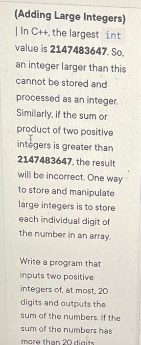 Solved (Adding Large Integers) | In C++, the largest int | Chegg.com