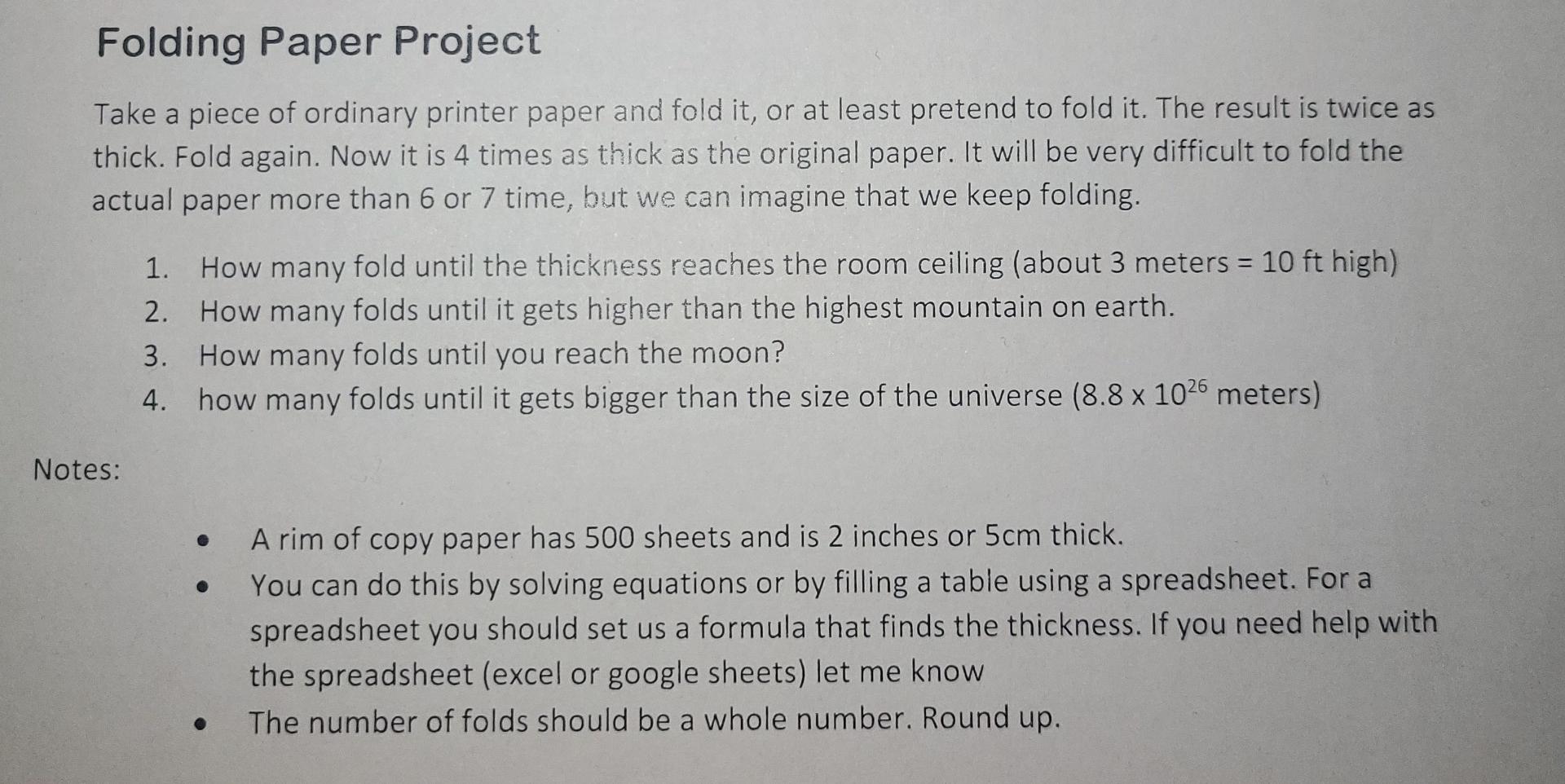 Solved Exponential function project Folding Paper Project | Chegg.com