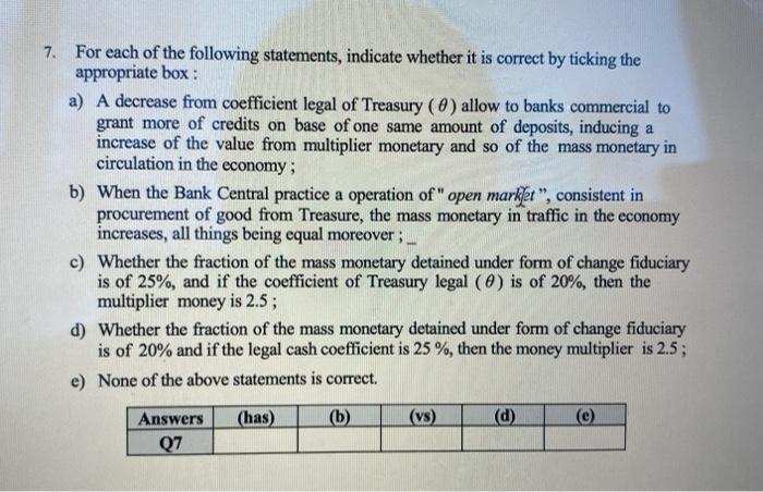 Solved 7. For each of the following statements, indicate | Chegg.com