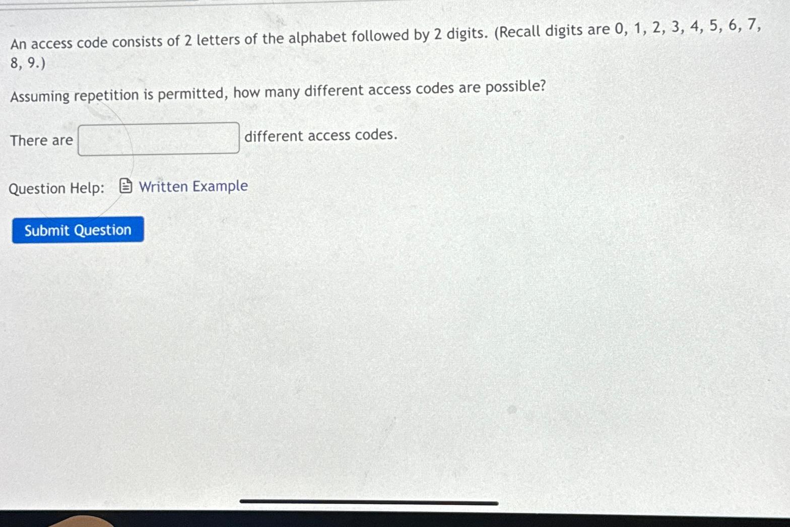 Solved An access code consists of 2 ﻿letters of the alphabet | Chegg.com