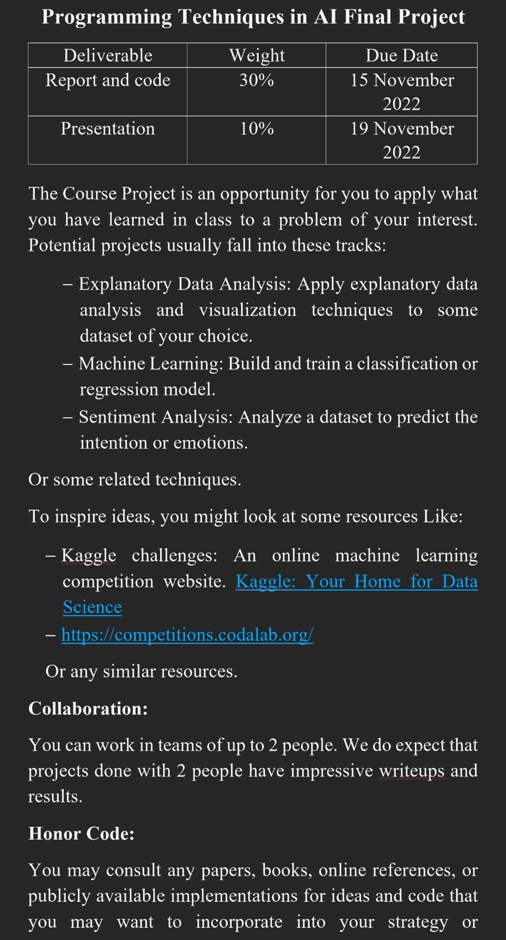 Programming Techniques in AI Final Project The Course | Chegg.com