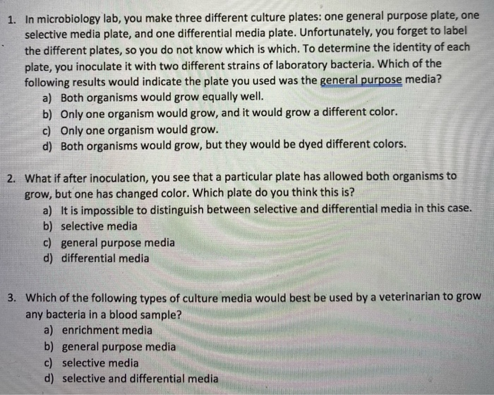 Solved 1. In microbiology lab, you make three different | Chegg.com