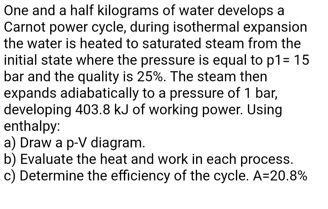 Solved One and a half kilograms of water develops a Carnot | Chegg.com