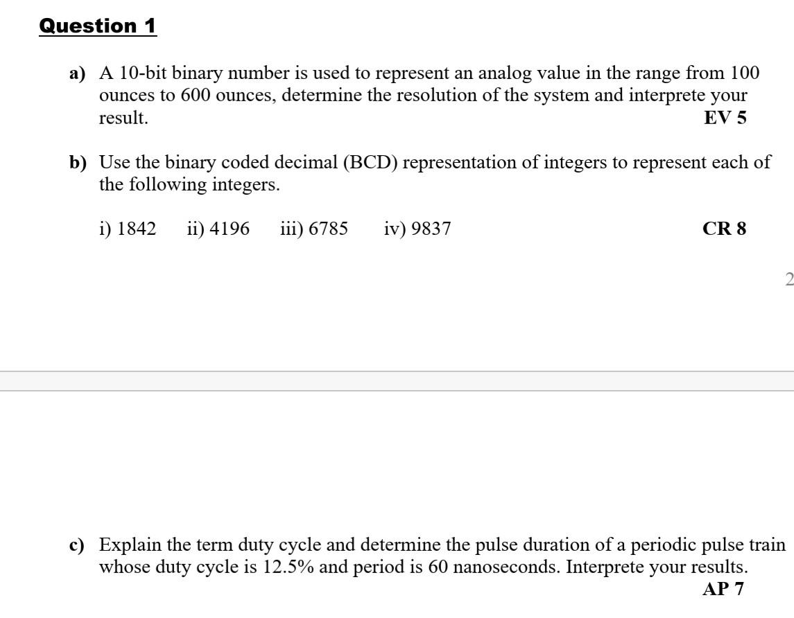 Solved Question 1 a) A 10-bit binary number is used to | Chegg.com