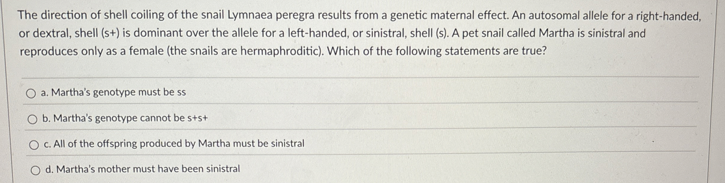 Solved The direction of shell coiling of the snail Lymnaea | Chegg.com