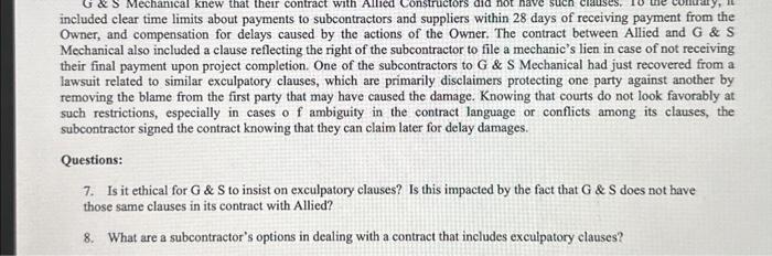 Solved G \& S Mechanical, the mechanical subcontractor, | Chegg.com