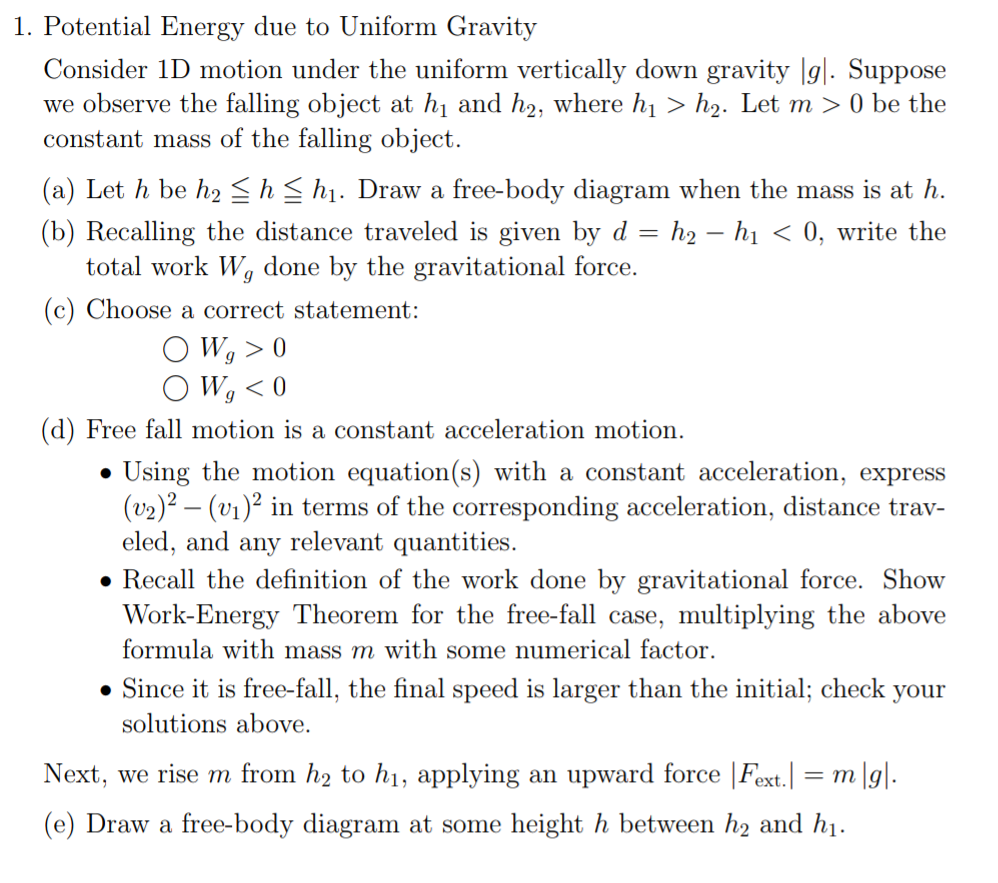 Solved Potential Energy due to Uniform GravityConsider 1D | Chegg.com