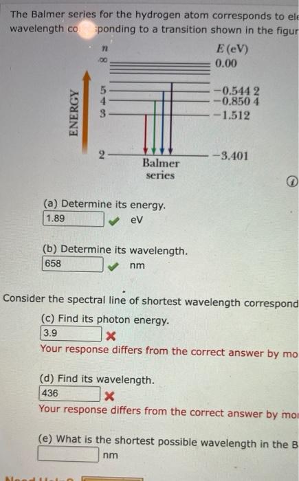 Solved The Balmer series for the hydrogen atom corresponds | Chegg.com