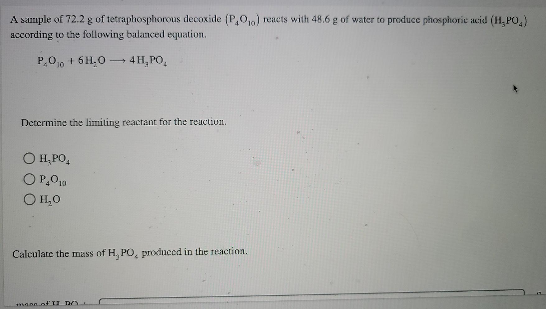 Solved A sample of 72.2 g of tetraphosphorous decoxide | Chegg.com