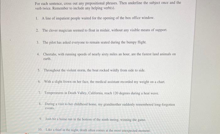 For each sentence, cross out any prepositional | Chegg.com