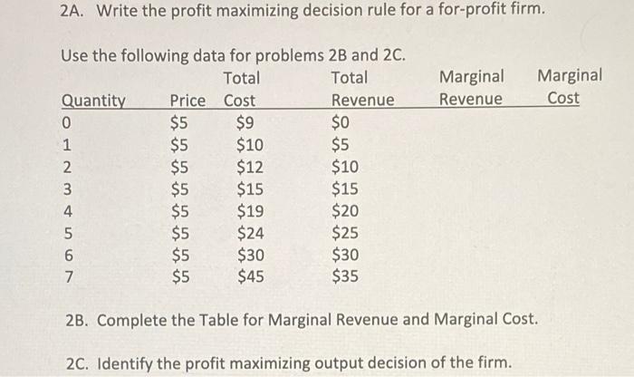 Solved 2A. Write the profit maximizing decision rule for a | Chegg.com